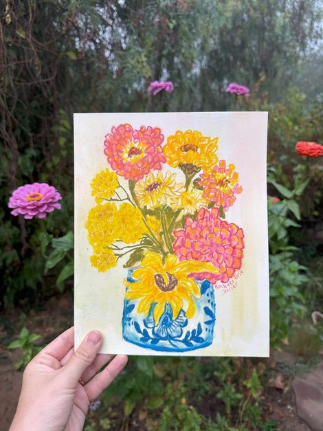 impressionist zinnias and sunflowers pastel art in blue and white vase ...